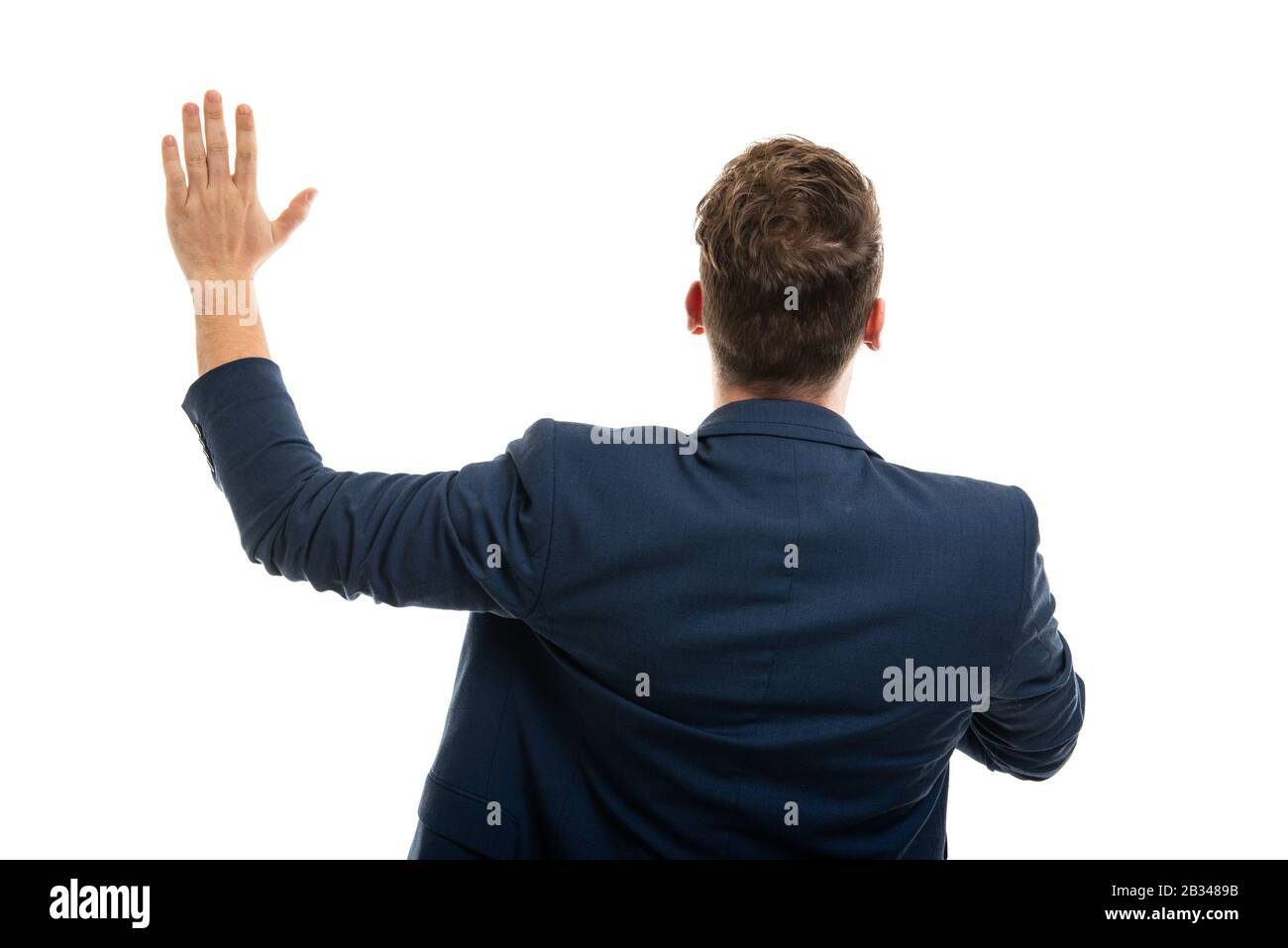 Back view of man wearing smart casual clothes taking oath isolated on ...