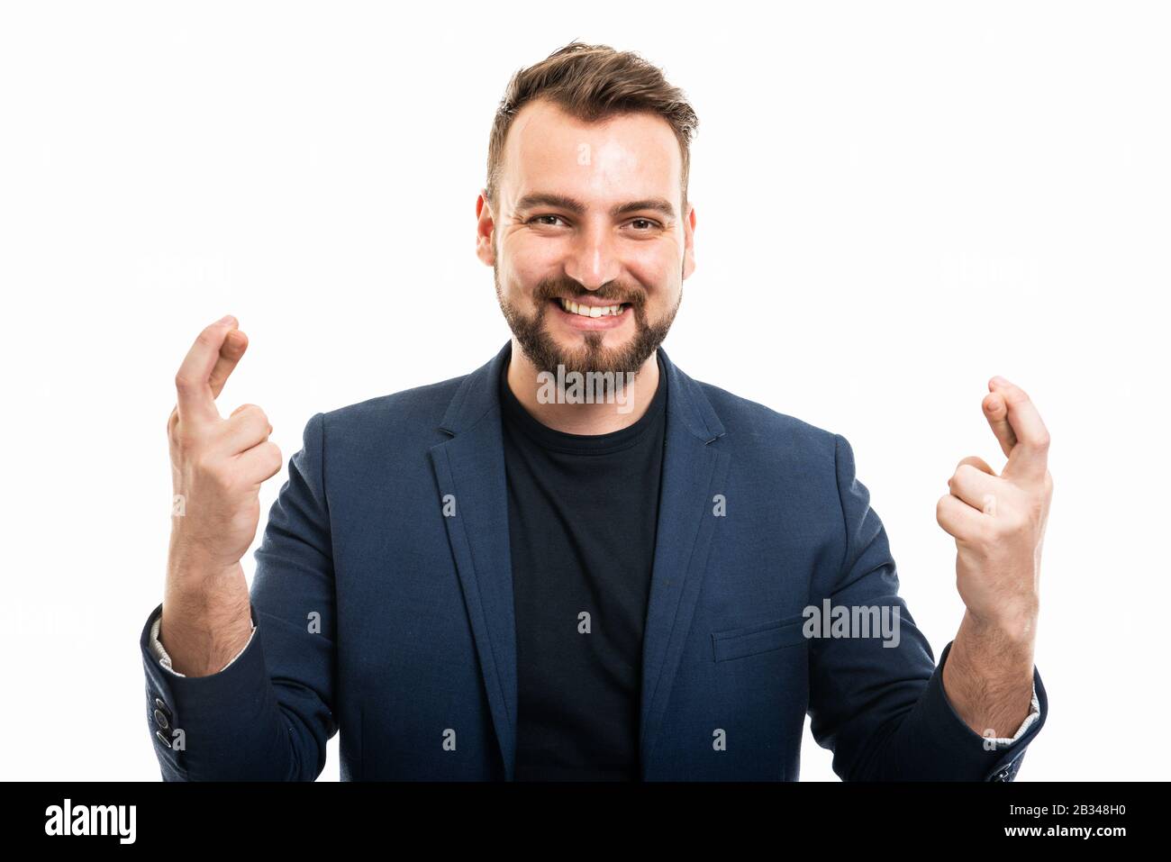 Business man wearing smart casual clothes showing double fingers ...