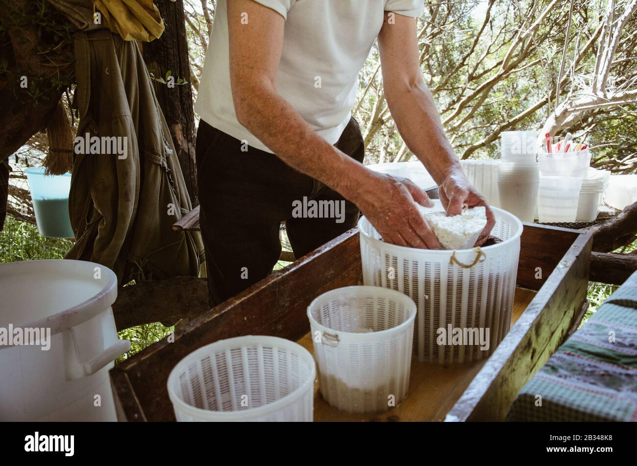 Details of man making cottage cheese outdoors in a traditional way ...
