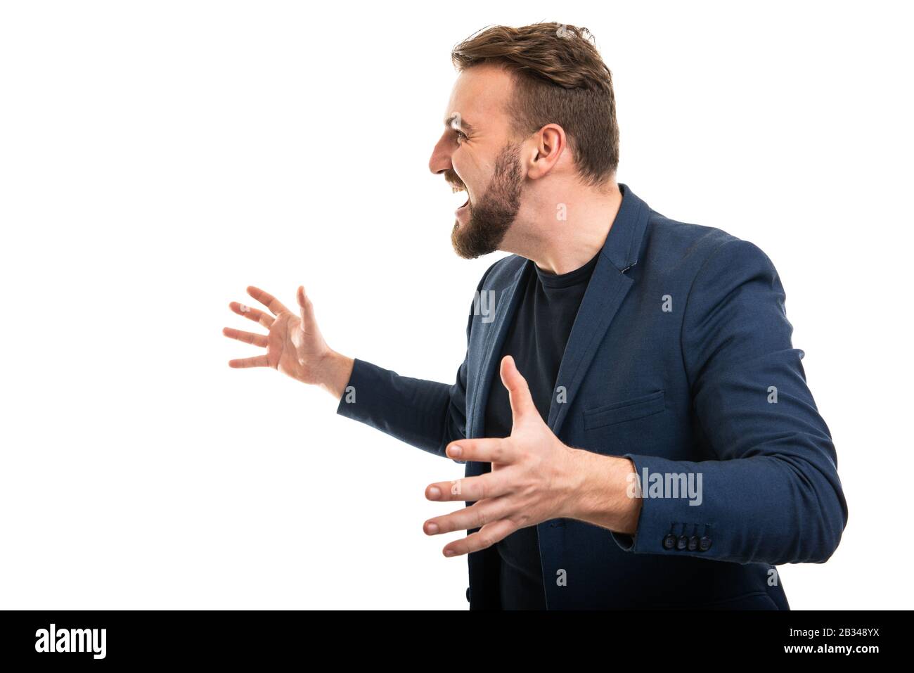 Side view of man wearing smart casual clothes talking and gesturing ...