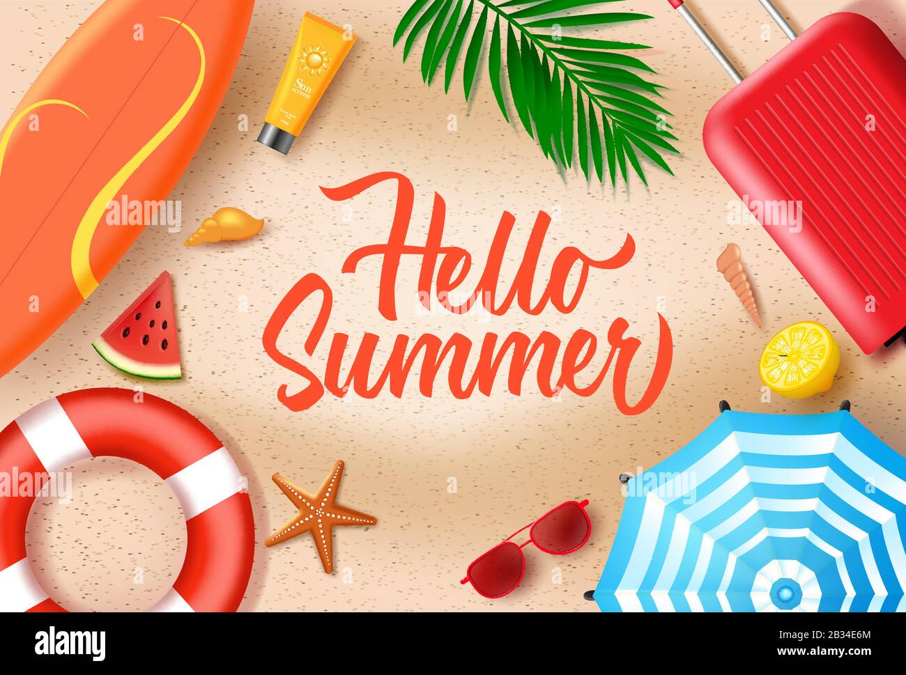 Hello summer in sand background vector design. Hello summer text with ...