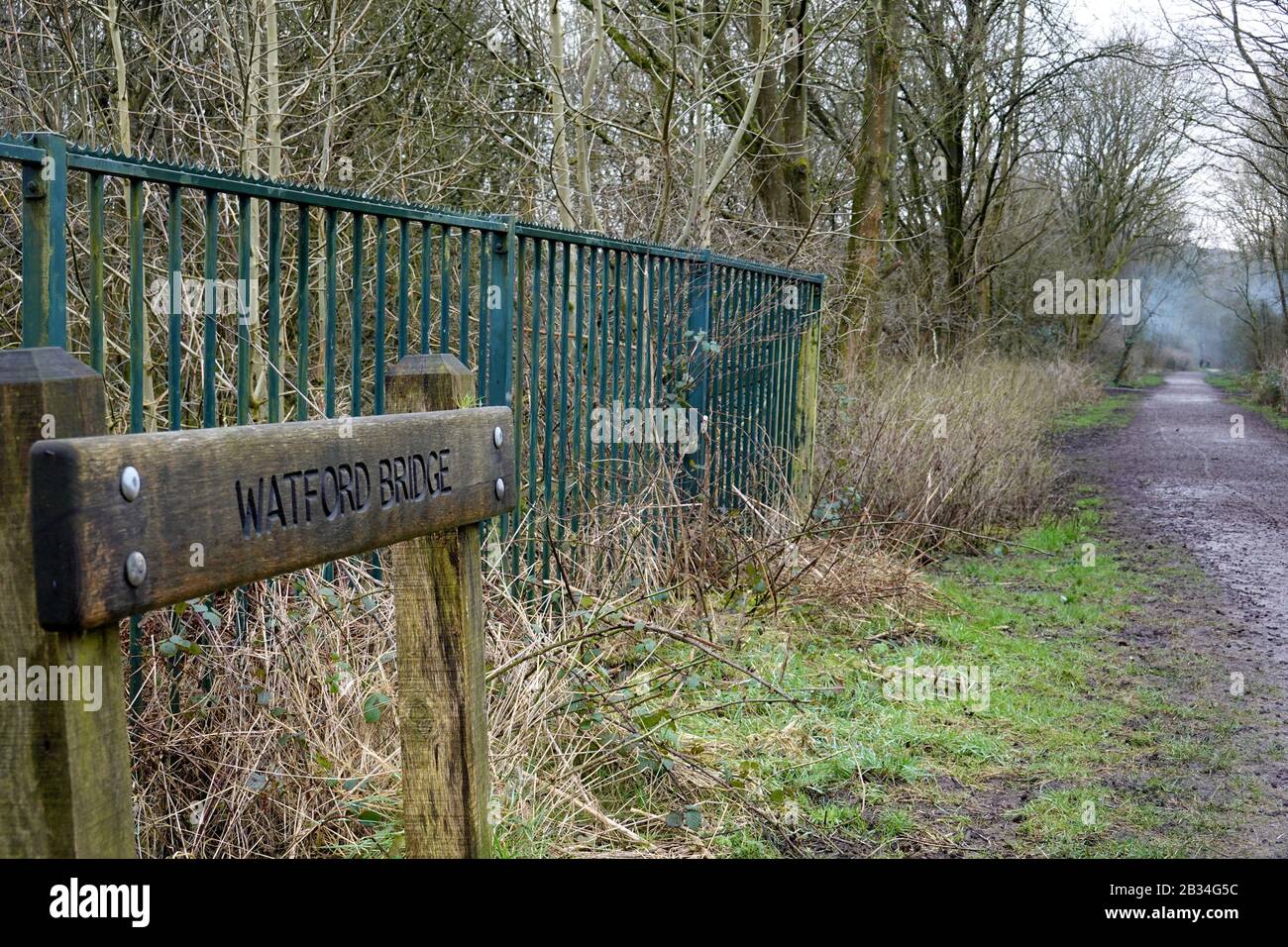 A sign on the Sett Valley Trail in New Mills, indicating Watford Bridge ...