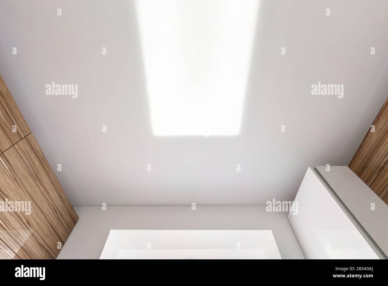 looking up on suspended ceiling with halogen spots lamps and drywall ...