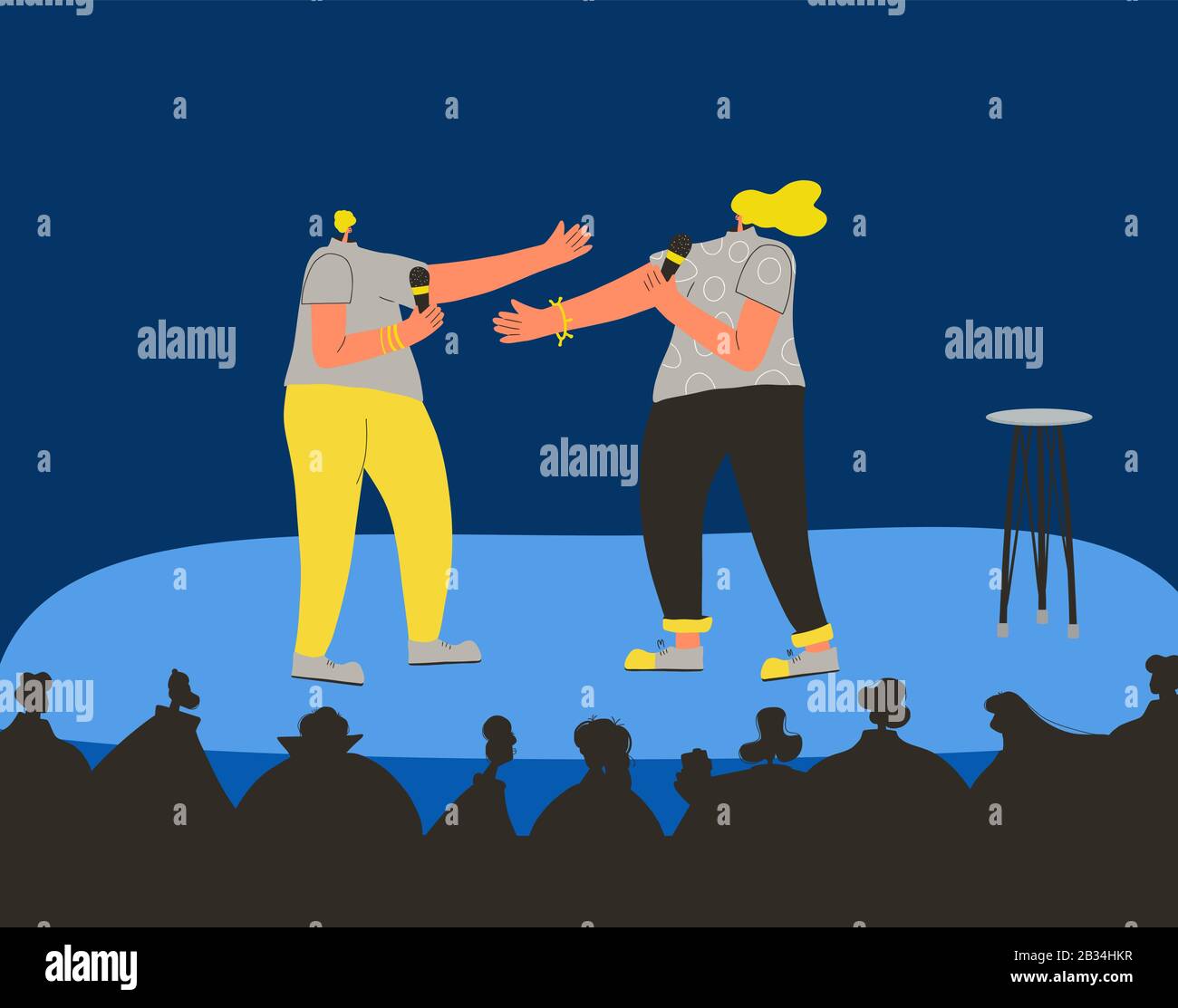Standup show. Duet comic performing on a stage. Comedians. Vector flat ...