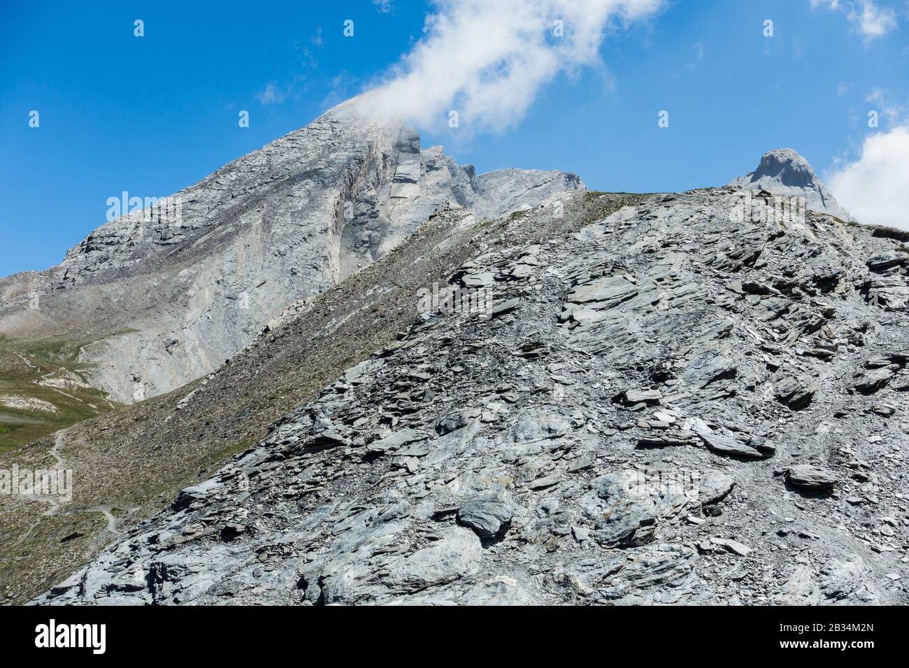 Mountain slope in Col Agnel mountain pass with loose slate layers Stock ...