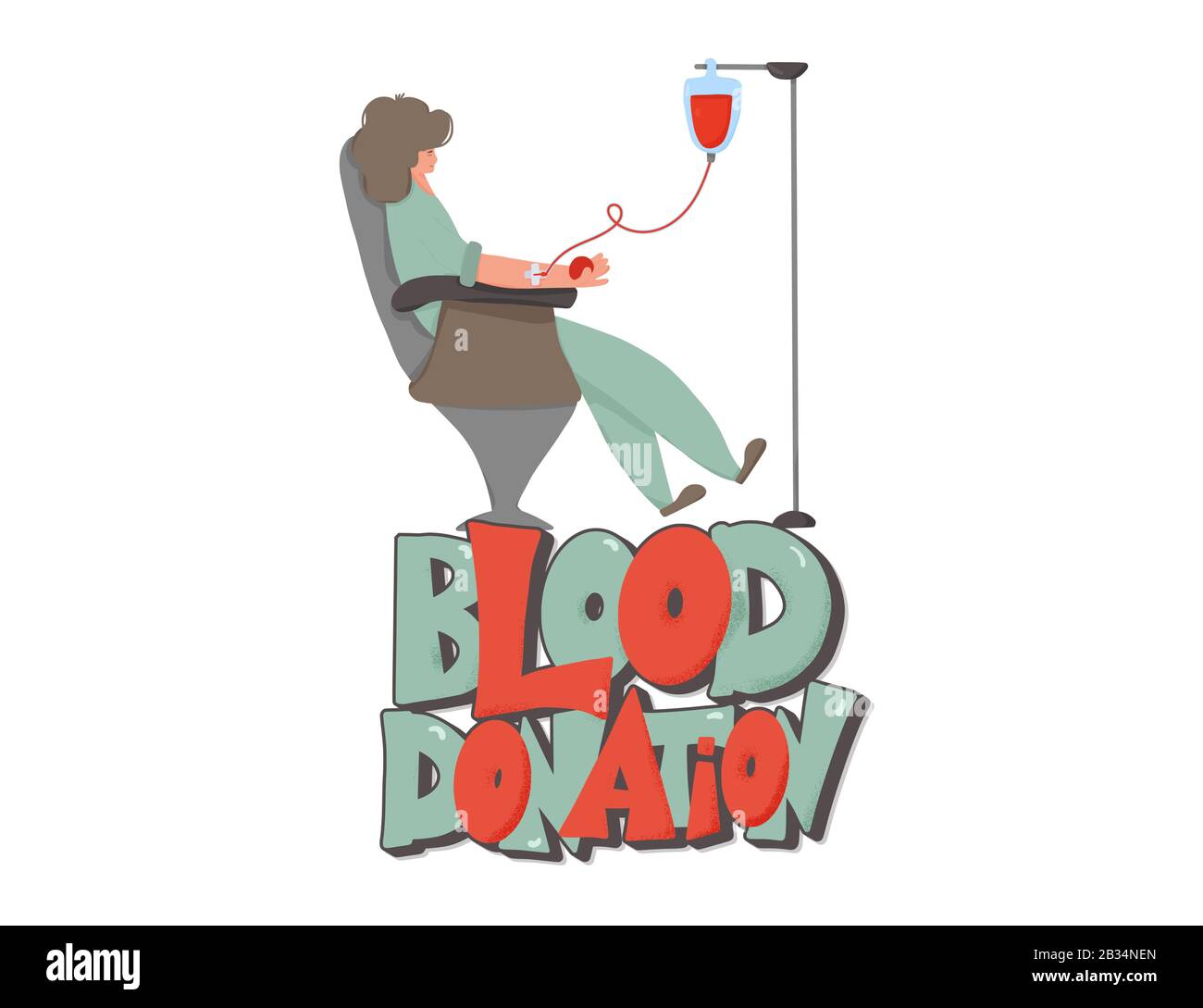 Blood donation emblem. Young brunette adult character sitting in a ...