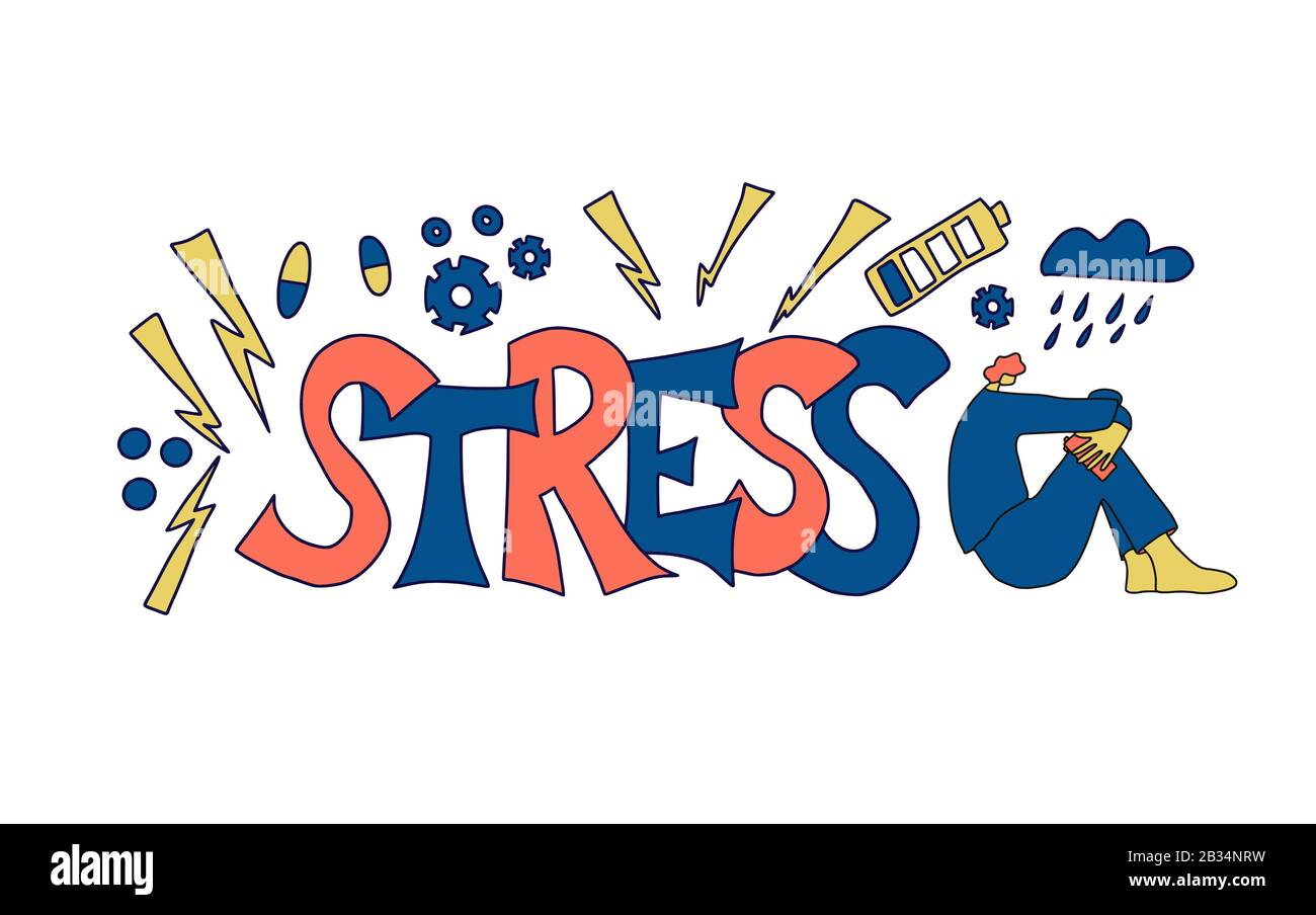 Stress concept. Stylized text and symbols of fatigue isolated on white ...