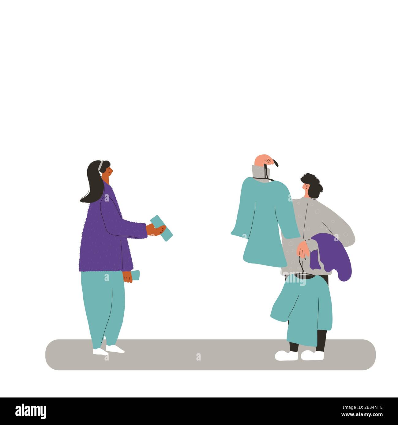 Clothes seller scene. Person showing vintage dresses to young fashion ...