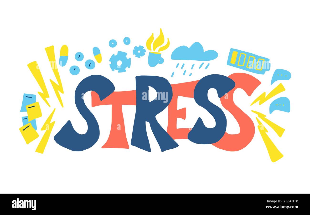 Stress concept. Stylized text and symbols of fatigue isolated on white ...