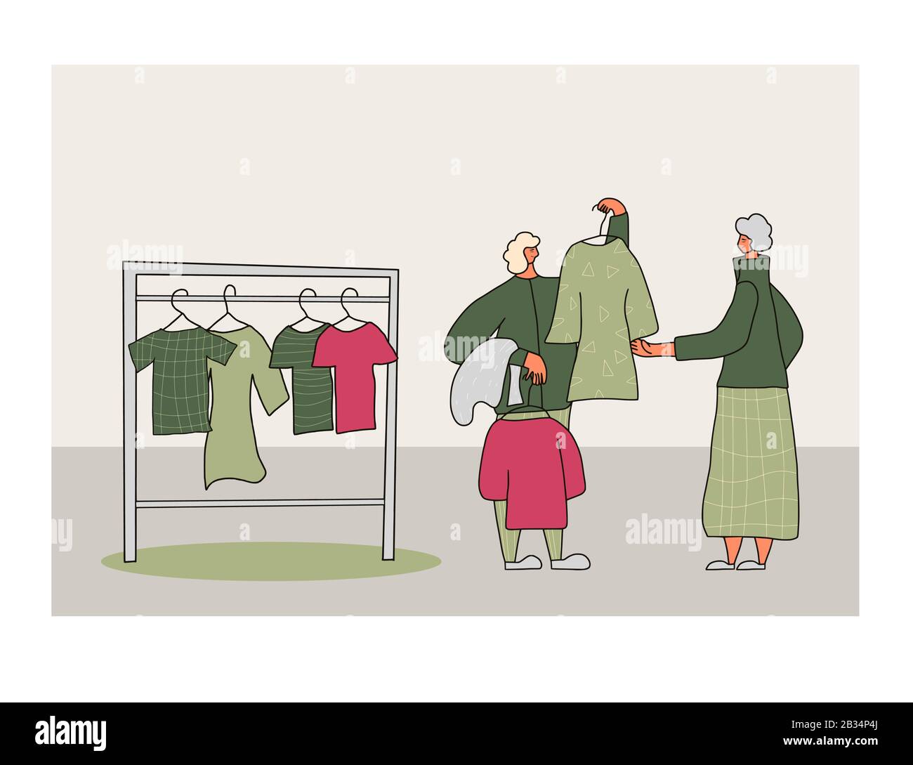 Clothes swap concept. Flea market scene. Selling vintage goods. Second ...