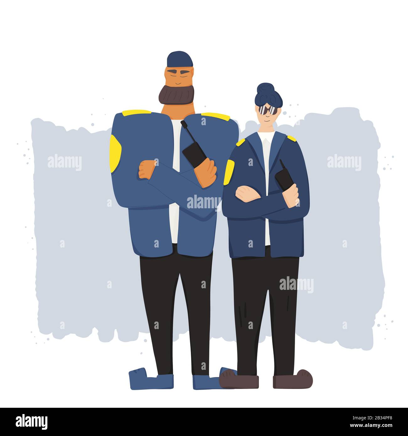 Two security guards standing with arms crossed.Watchmen with radio on ...