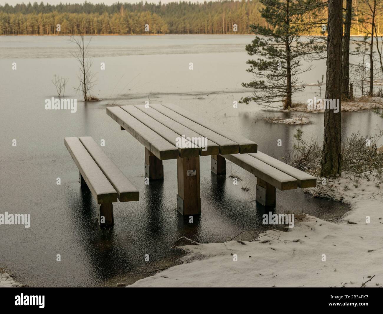 winter landscape with flooded lake shore, picnic area covered with ice ...