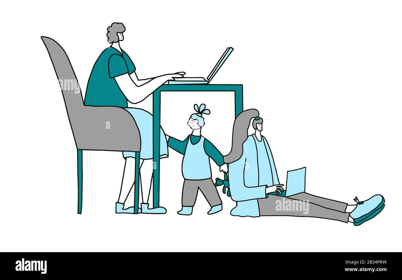 Family spend time together at home with laptop. Female freelancers ...