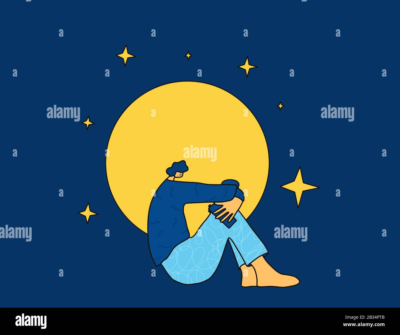 Insomnia concept. Man have problem with night sleep. Male character ...