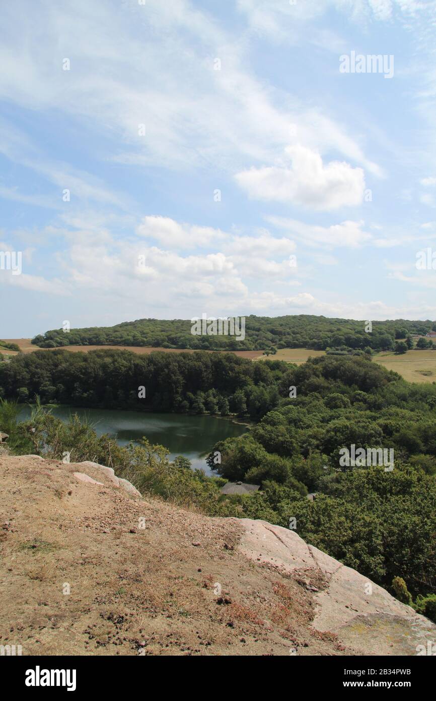 River landscape with wide field on a summer day in Sandvig, Bornholm ...