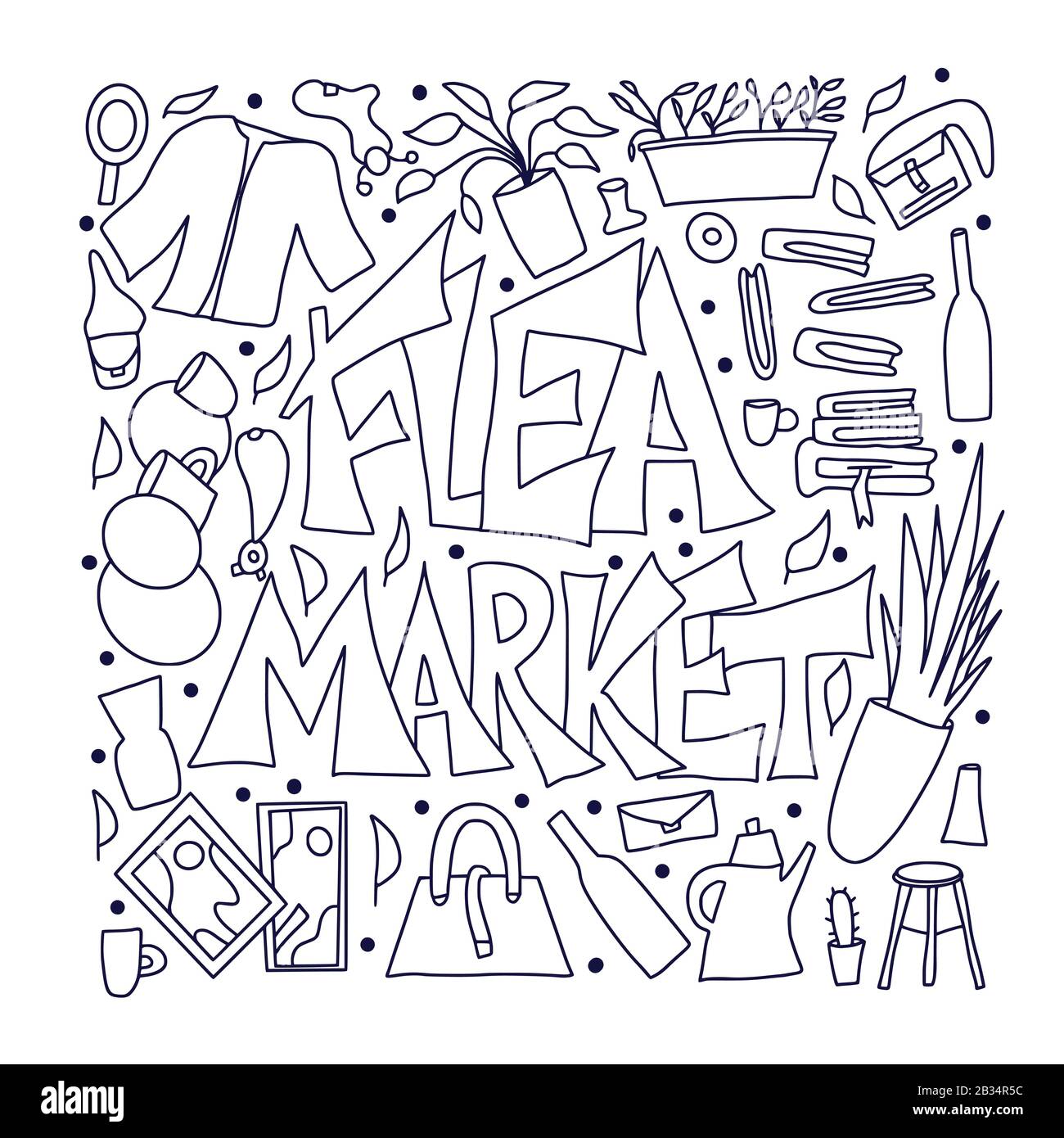 Flea market emblem. Stylized text and hand drawn decoration. Vector ...