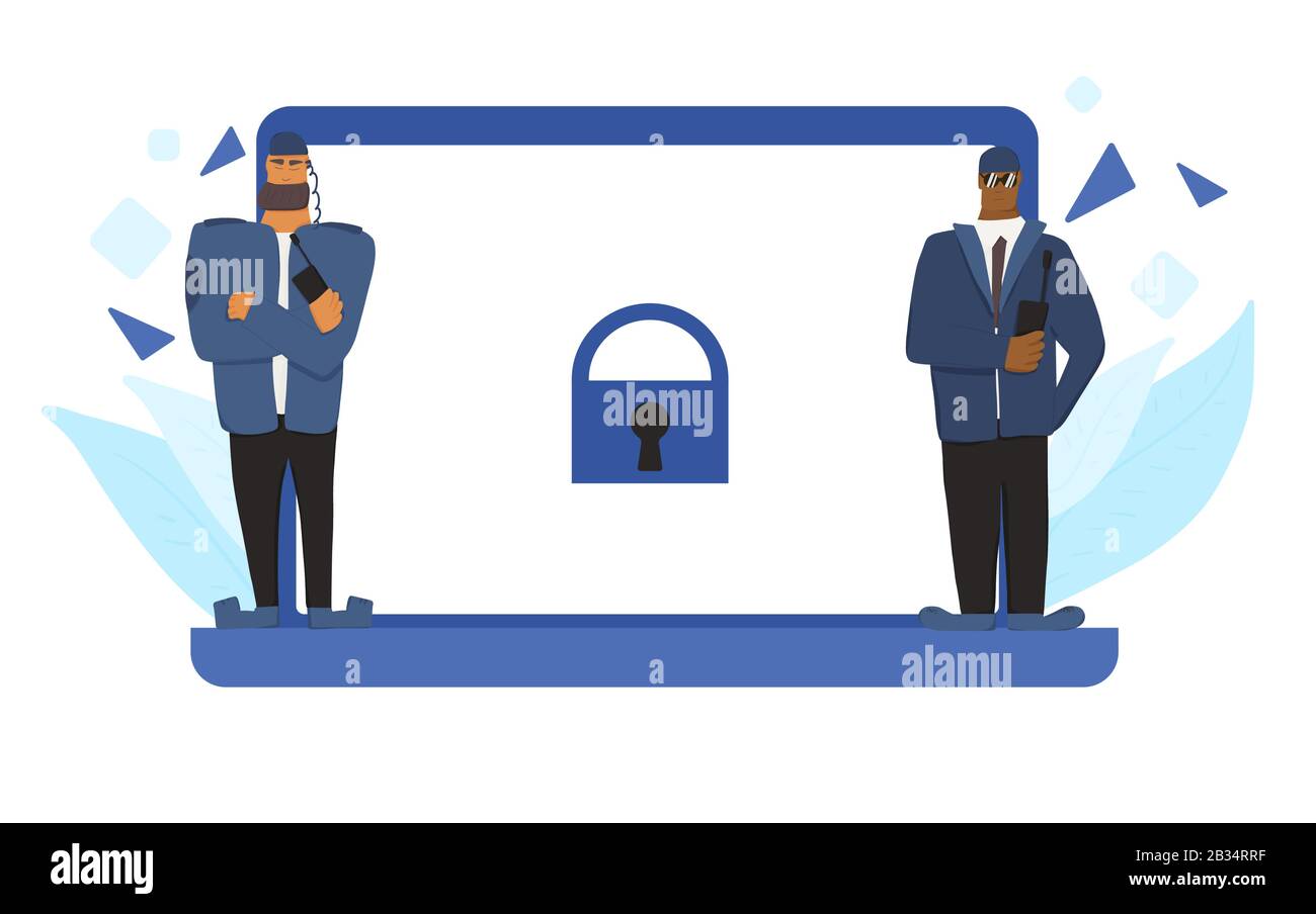 Personal data protection concept. Security guards men defending ...