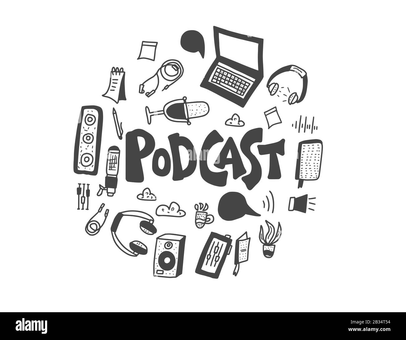 Podcast round emblem with handwritten lettering and decoration. Text ...