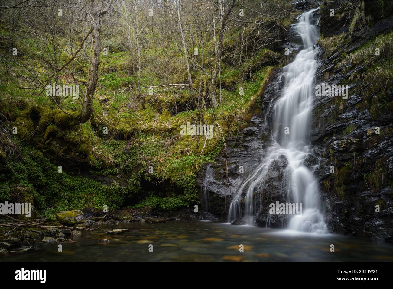 Fairy Tale Aspect of a waterfall in a Cliff among Forests in Galicia ...
