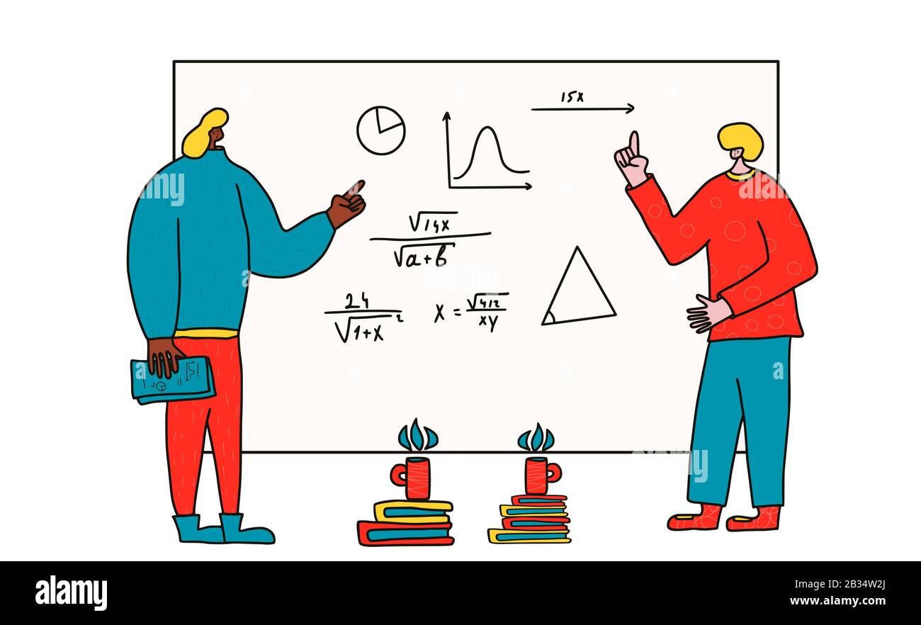 Scientists explaining diagram, theorem and notes to each other. Two ...