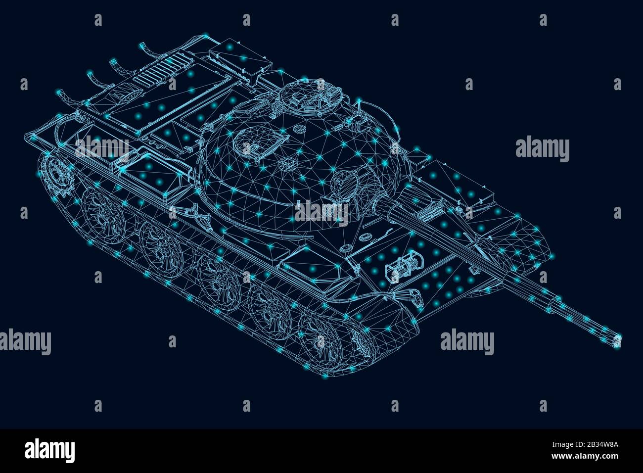 Wireframe of a polygonal combat tank of blue lines with luminous lights ...