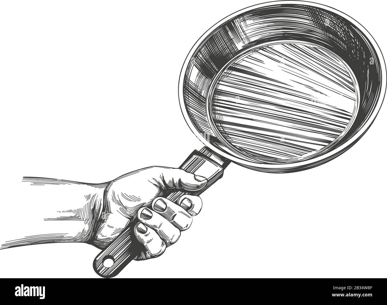 frying pan hold in hand, cooking, kitchen, hand drawn vector ...