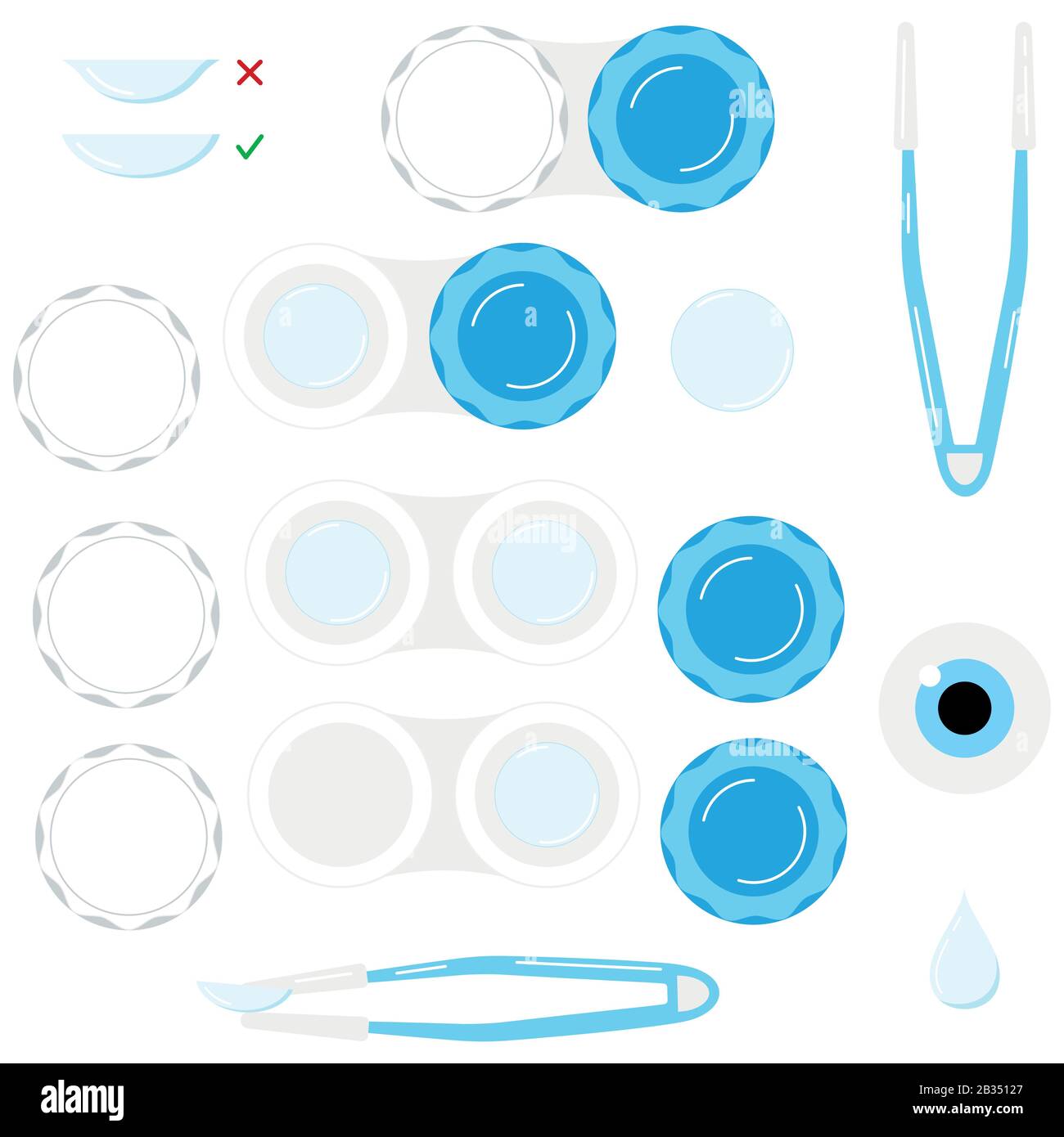 Contact lenses with case, tweezers holding contact lens, eye, drop icon ...