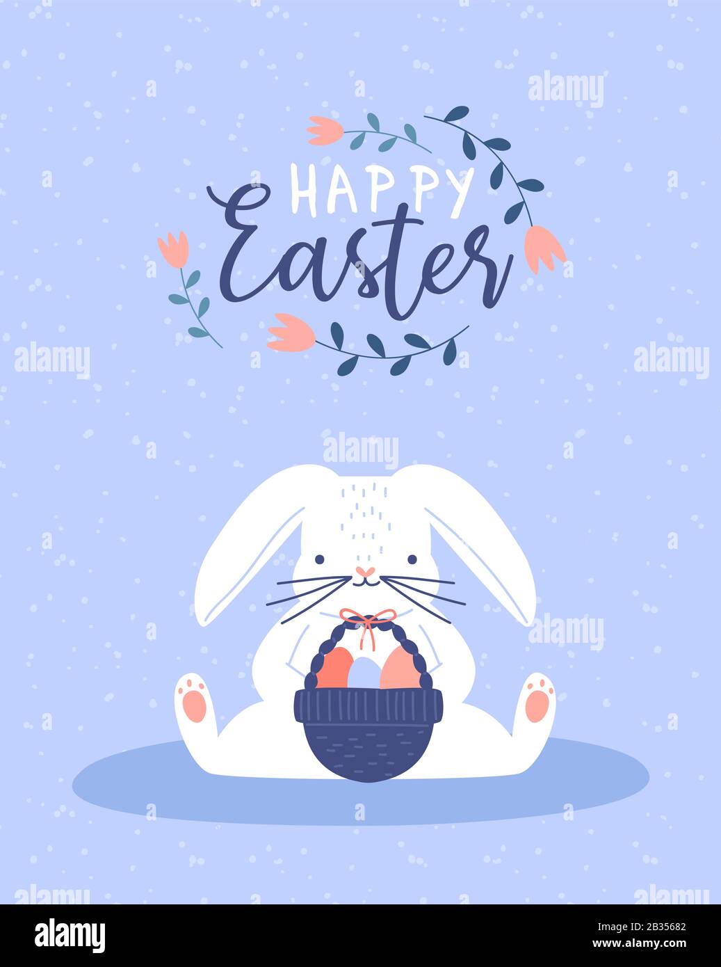 Happy Easter greeting card of cute baby rabbit with egg basket and ...
