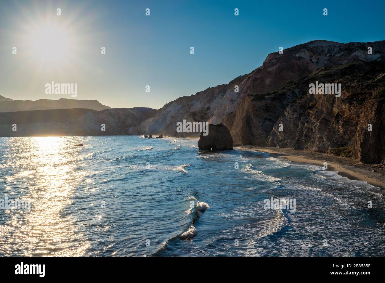 Fyriplaka beach on sunset, Milos island, Cyclades, Greece Stock Photo ...