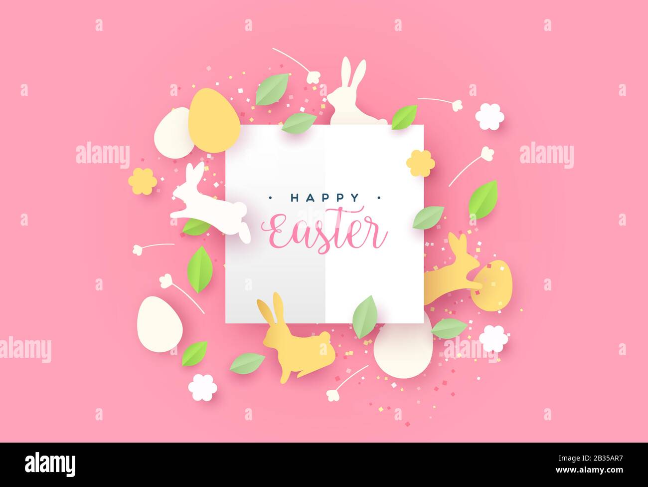 Happy Easter paper craft greeting card of white frame with 3d papercut ...