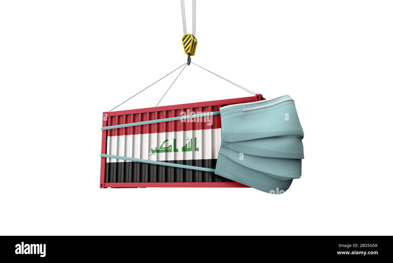 Iraq flag cargo shipping container with protective mask. 3D Render ...