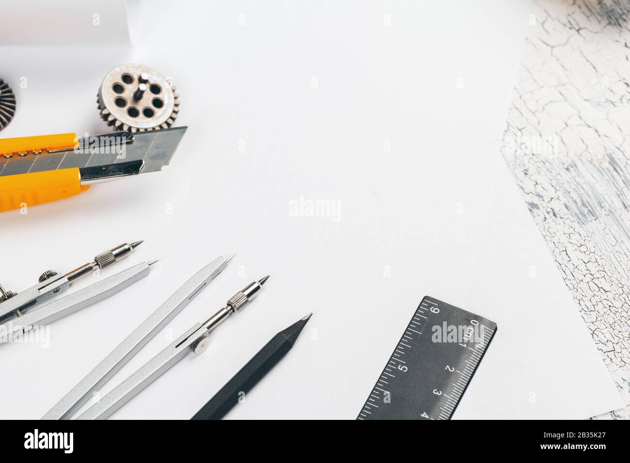 Drawing desk with tools for drawing top view Stock Photo - Alamy