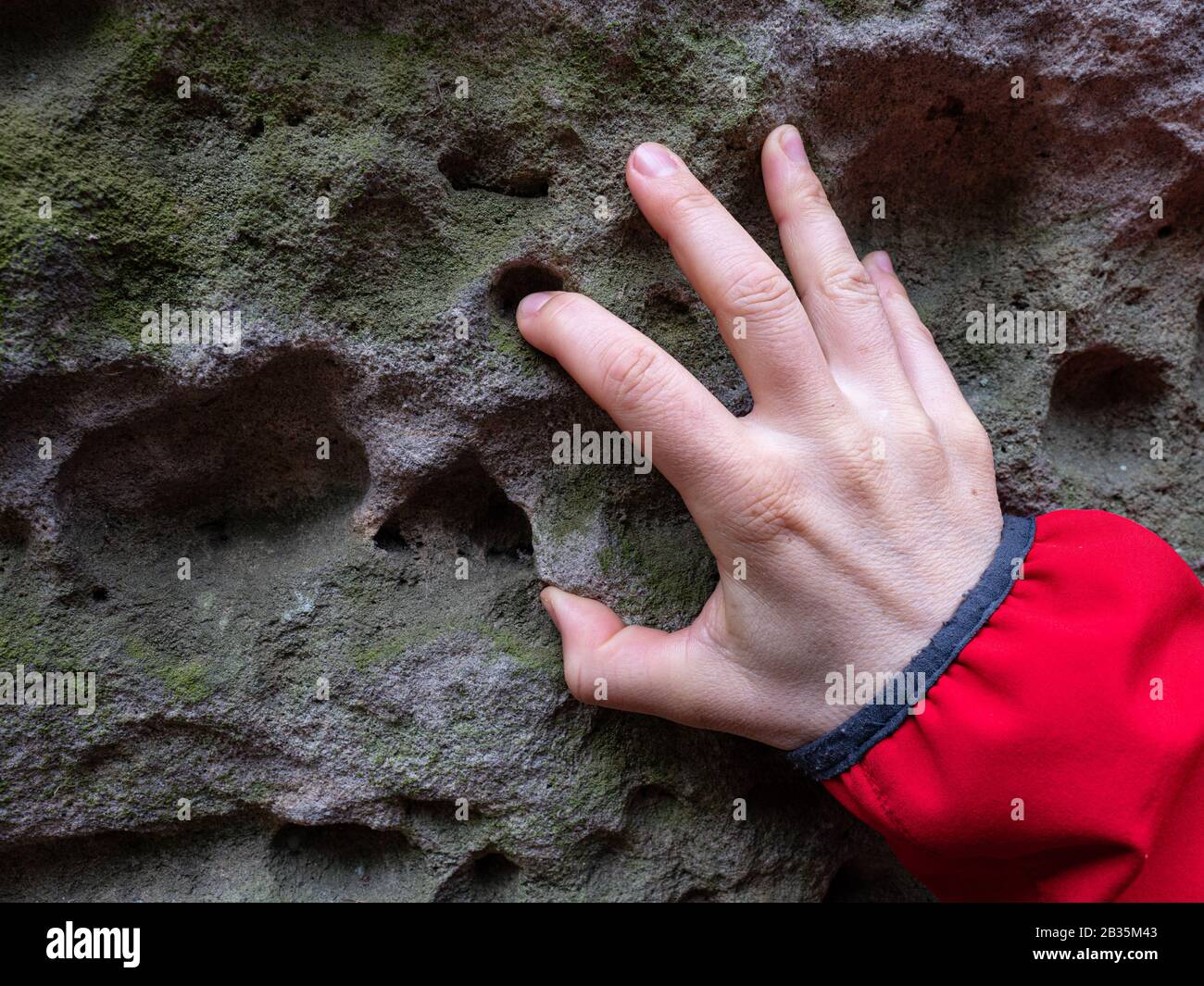 Female hand hold honeycomb hole in weathering rock. Natural Jurassic ...