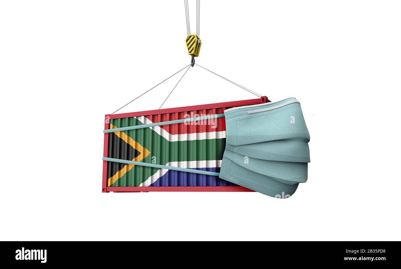 South Africa flag cargo shipping container with protective mask. 3D ...