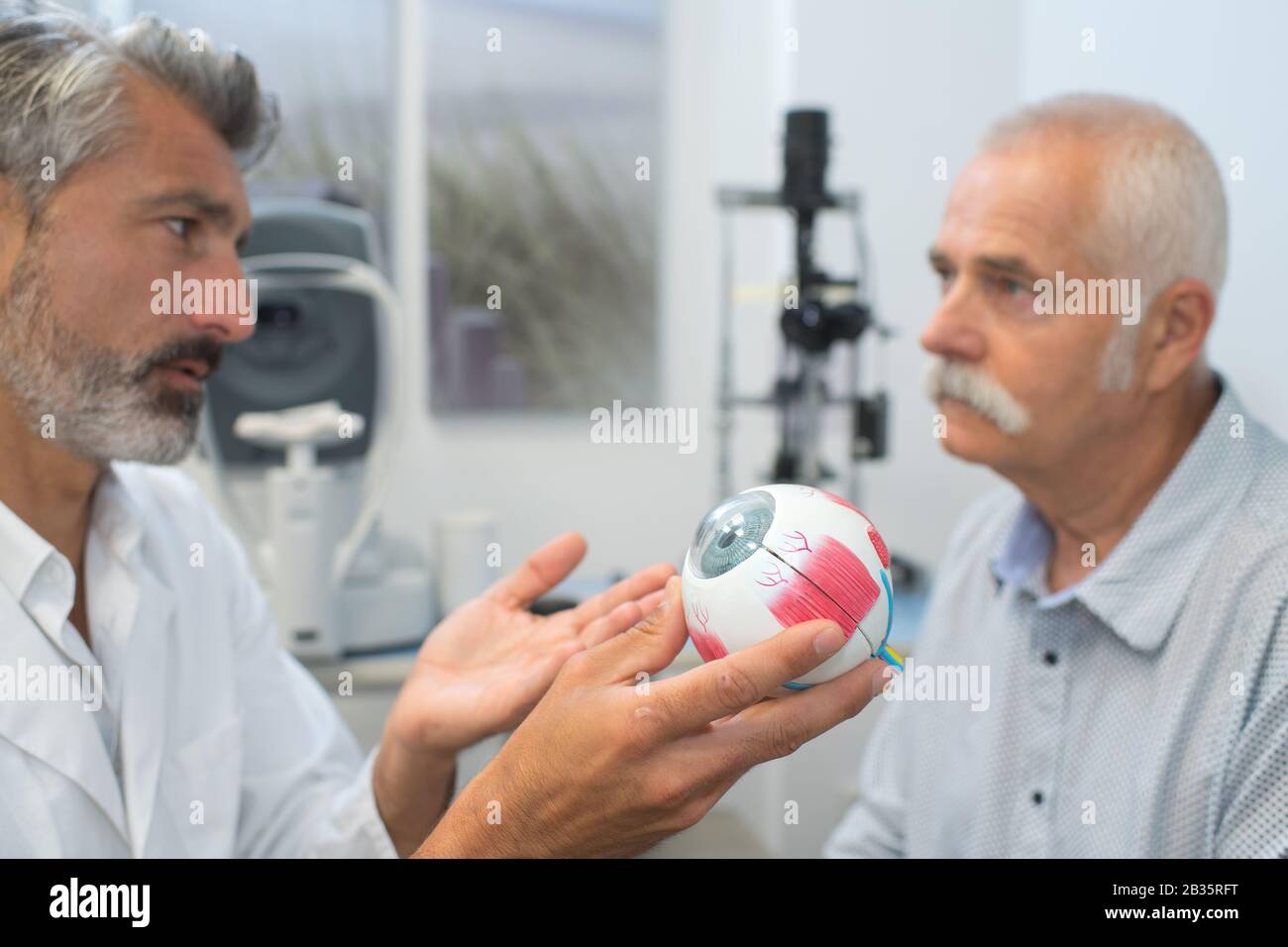 doctor showing eye models to patient Stock Photo - Alamy