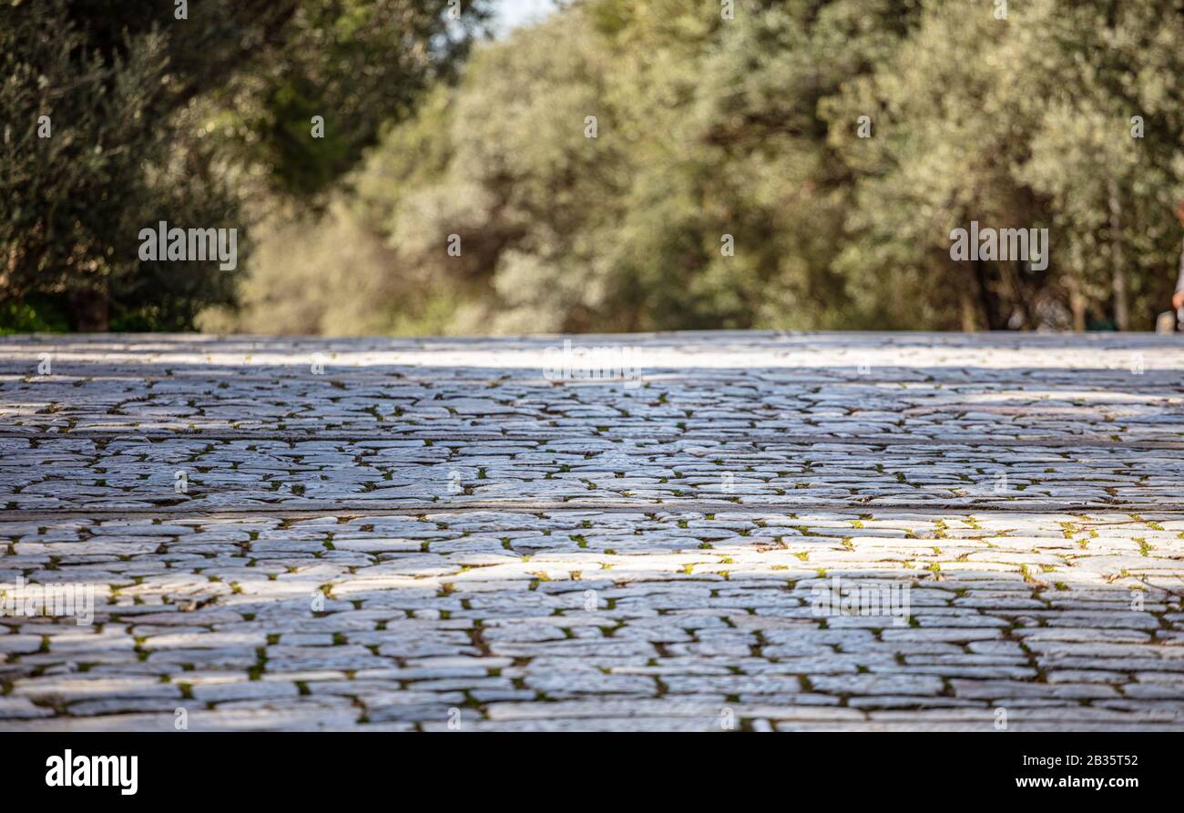 Old stone marble paved footpath, cobblestone pathway closeup view from ...