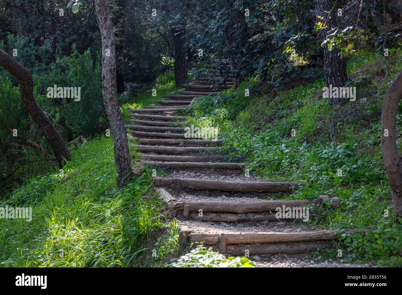 Athens, Greece. Stairs going up to Filopappou hill, drive visitors from ...