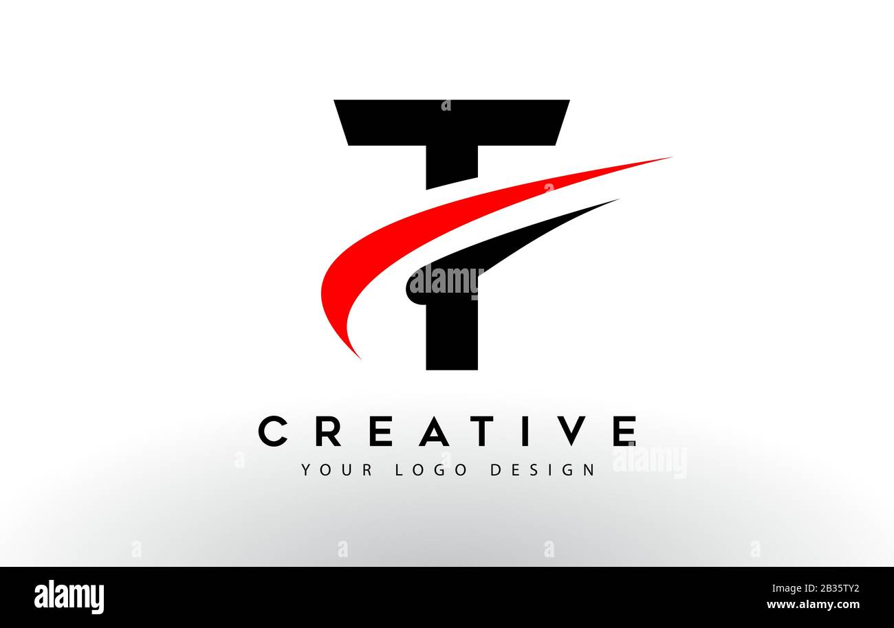 Black And Red Creative T Letter Logo Design with Swoosh Icon Vector ...