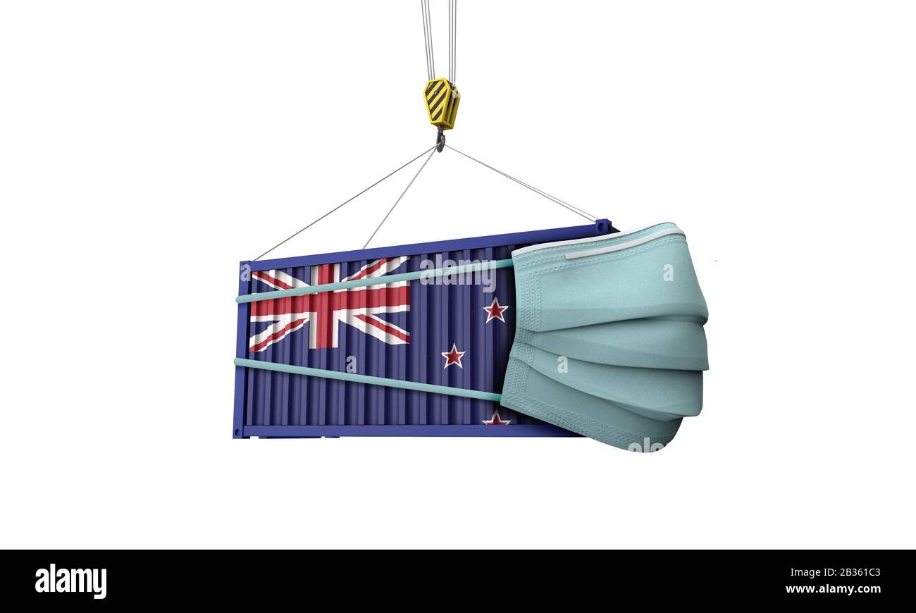 New Zealand cargo shipping container with protective mask. 3D Render ...