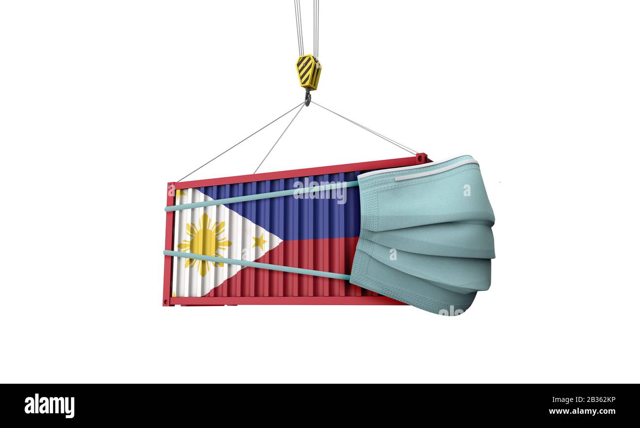 Philippines flag cargo shipping container with protective mask. 3D ...