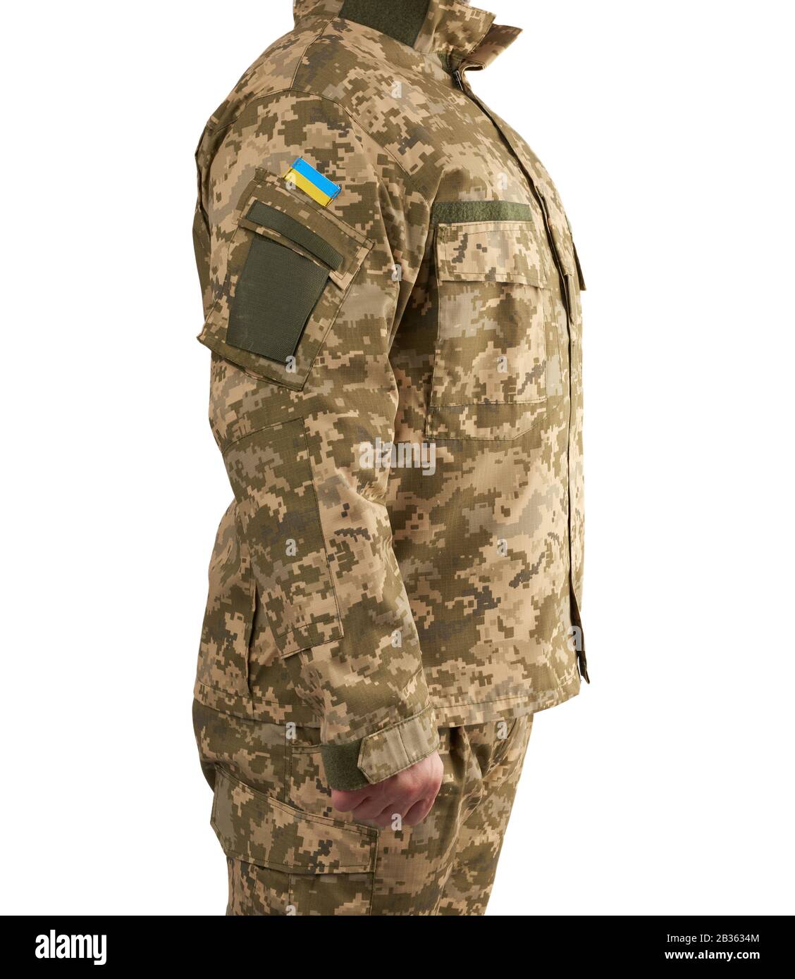 Ukrainian man warrior dressed in a military pixel uniform stands on a ...