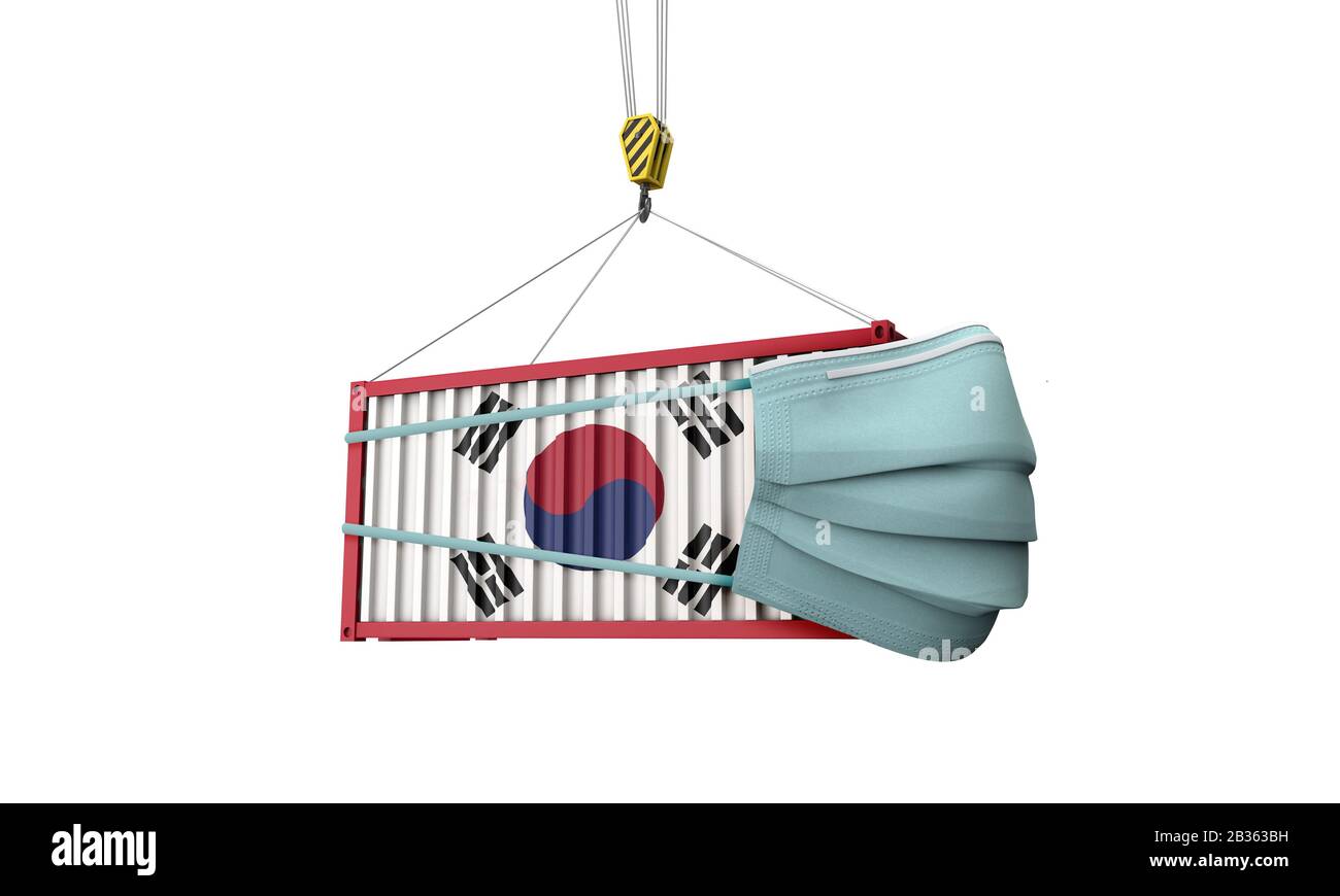 South Korea flag cargo shipping container with protective mask. 3D ...
