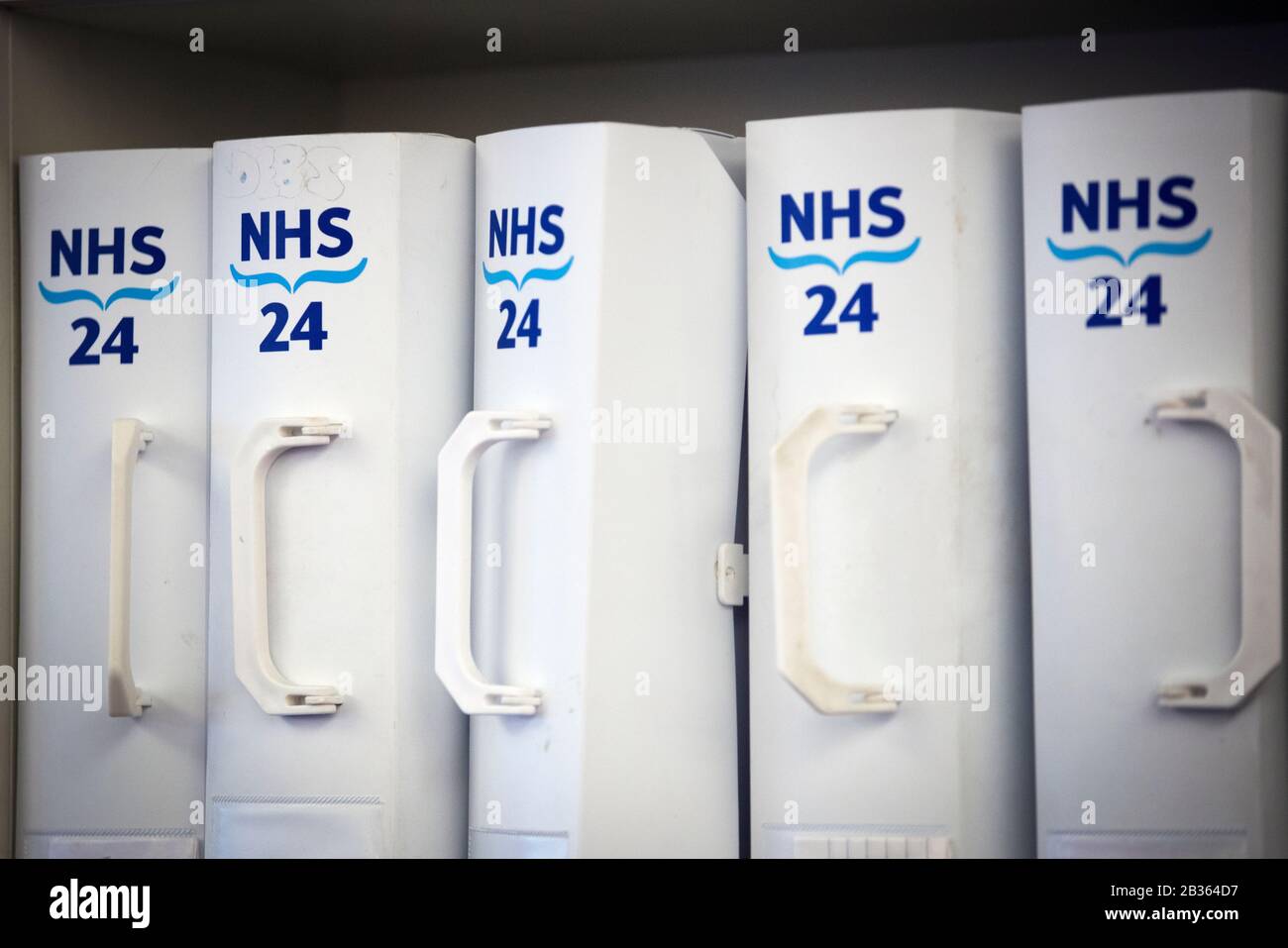 Box files on a shelf at the NHS 24 contact centre at the Golden Jubilee ...