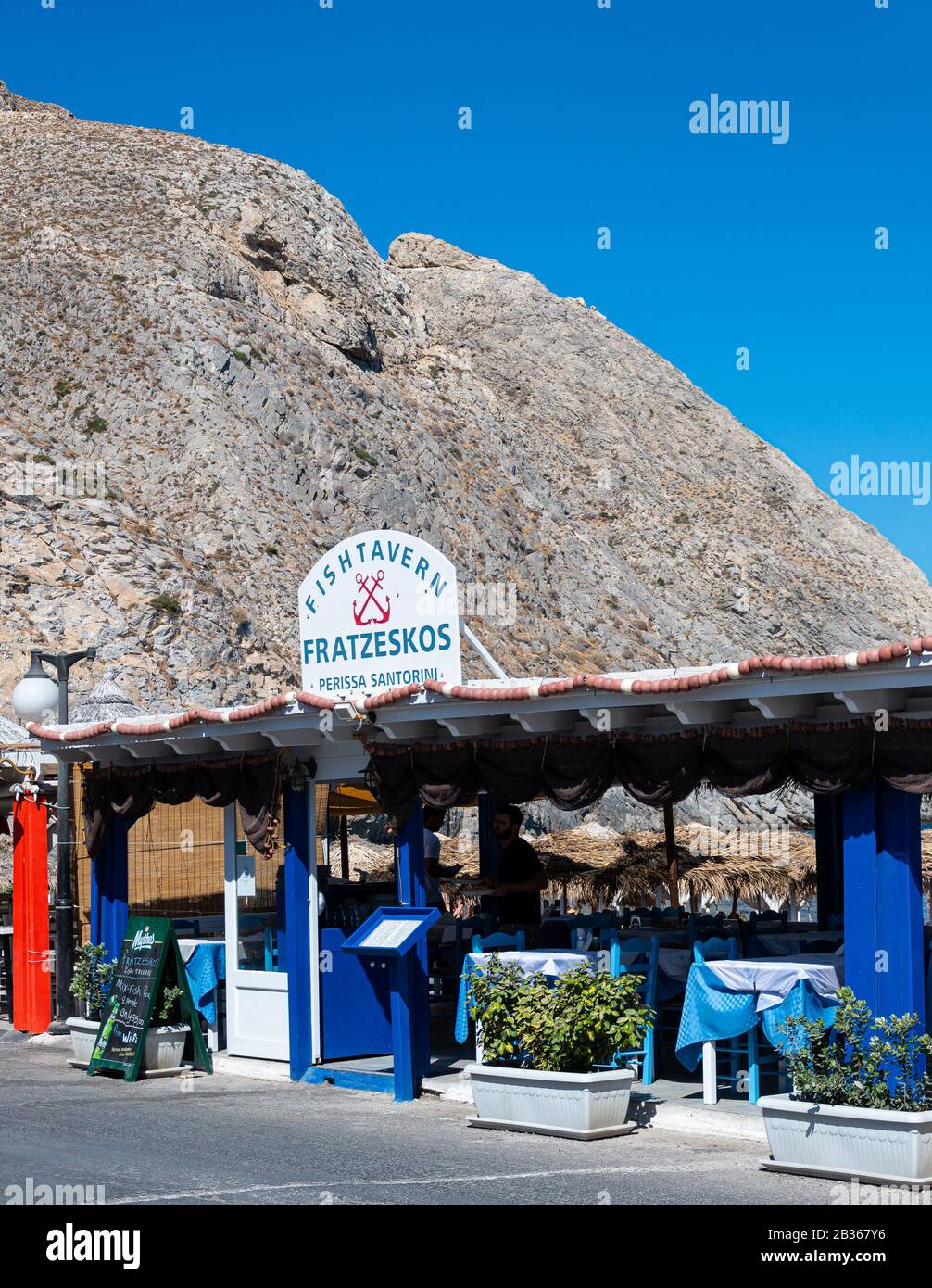 Perissa, Greece - July 18 2019: The frontage of Fratzeskos Fish ...