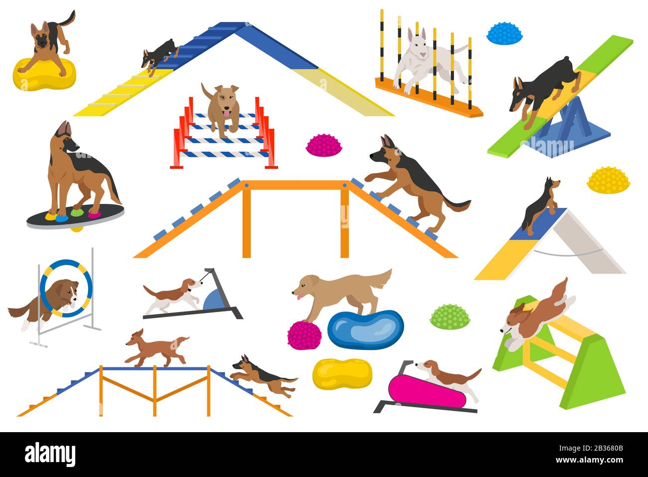 Dog playground equipment set. Colour flat playing dogs design. Vector ...