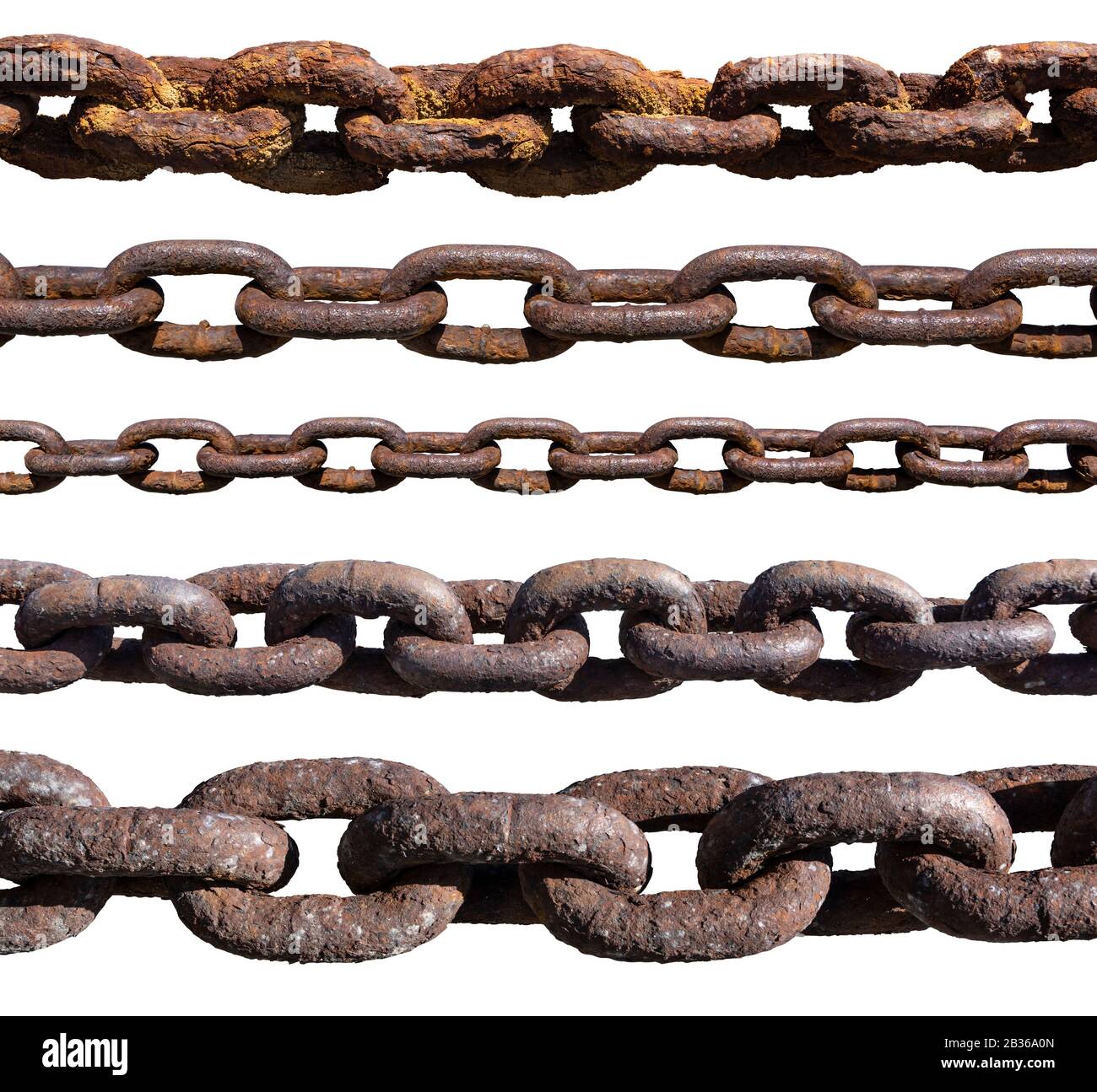 Set of old,rusty, extremely corroded chains isolated on white ...