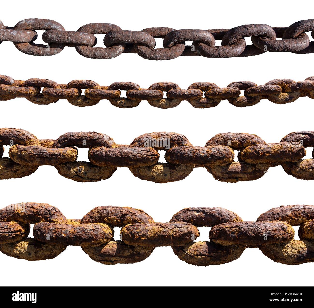 Set of old,rusty, extremely corroded chains isolated on white ...