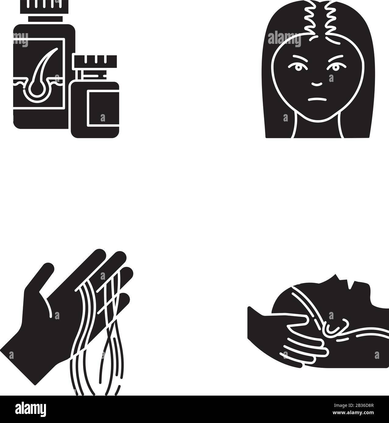 Hair loss black glyph icons set on white space. Female baldness ...