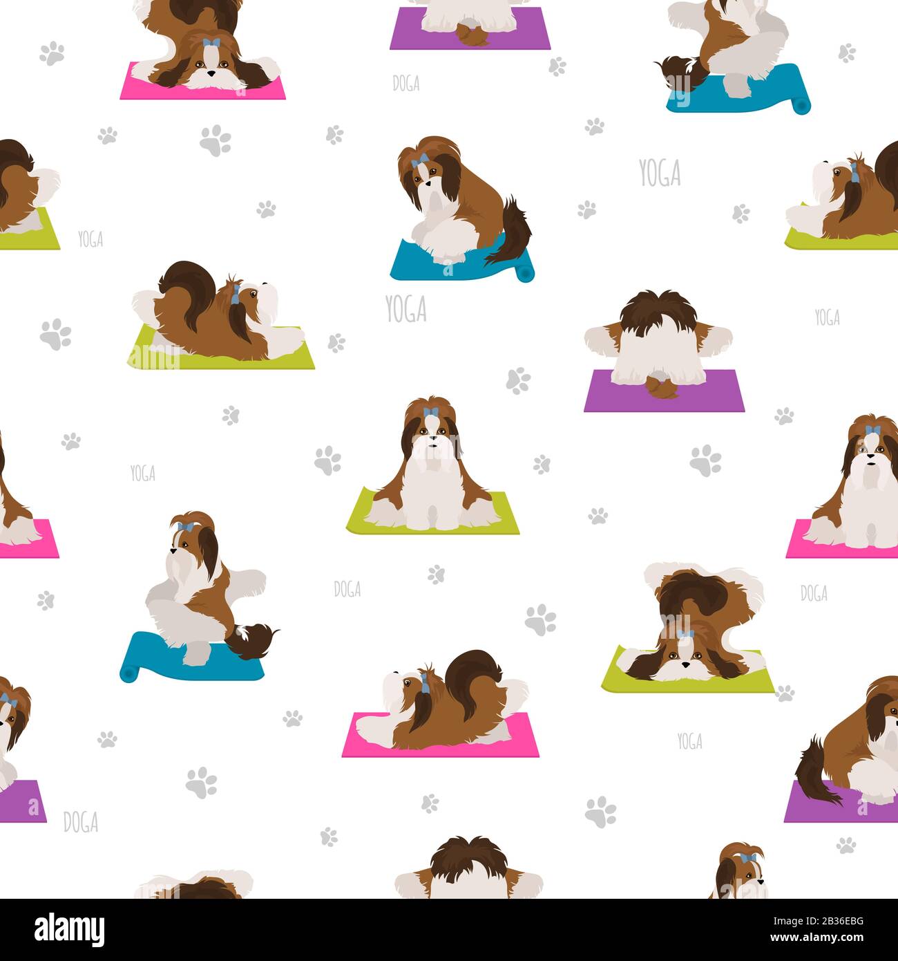 Yoga dogs poses and exercises poster design. Shih tzu seamless pattern ...