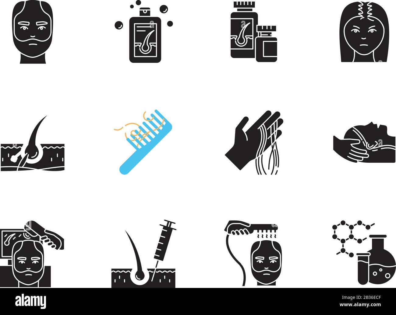 Hair loss black glyph icons set on white space. Hair roots. Alopecia ...